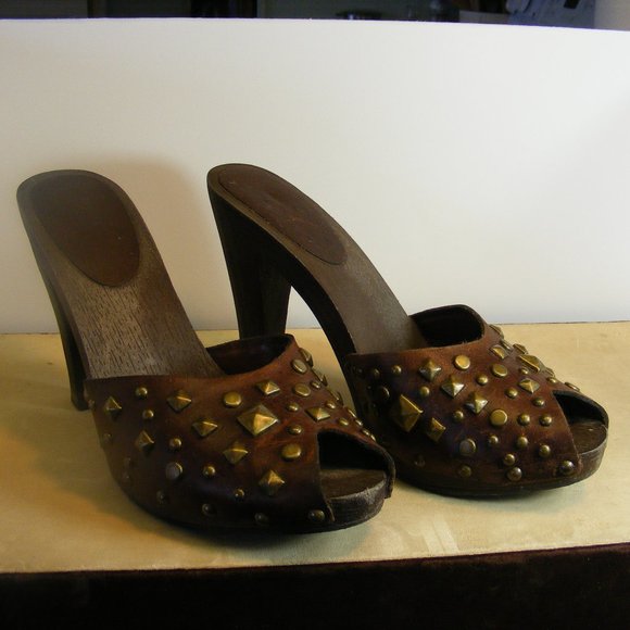 Missimo | Shoes | Missimo Leather Clogs With Nail Heads And Wood Grain ...